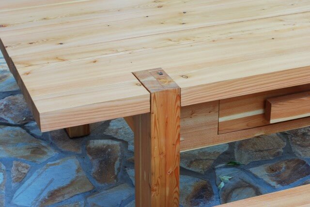 Table and benches made of Larch balls